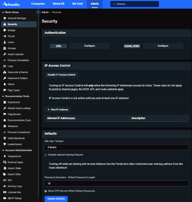 Admin Security Settings – Hudu Support