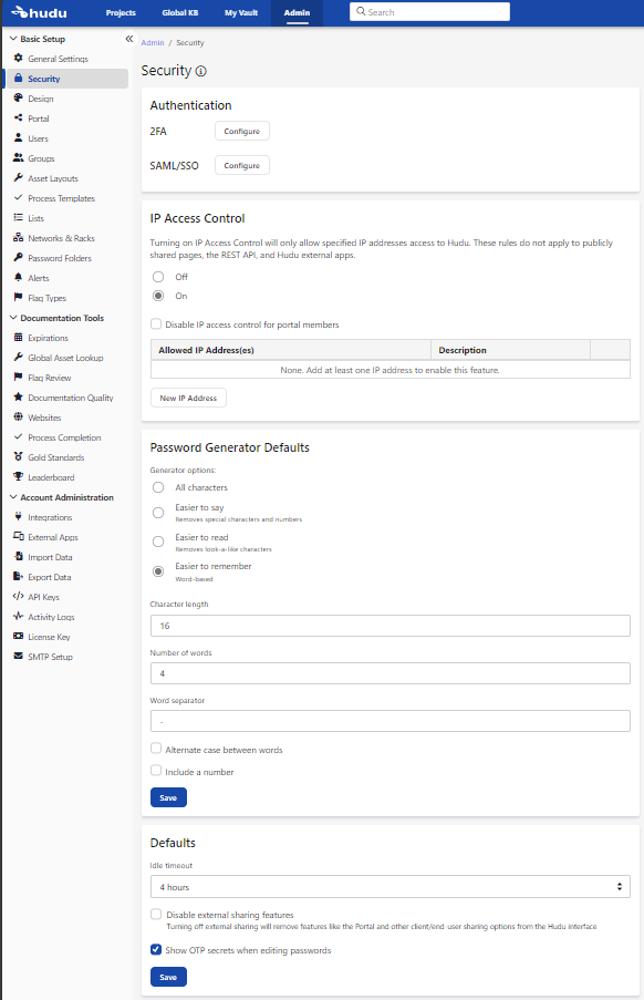 Admin Security Settings – Hudu Support